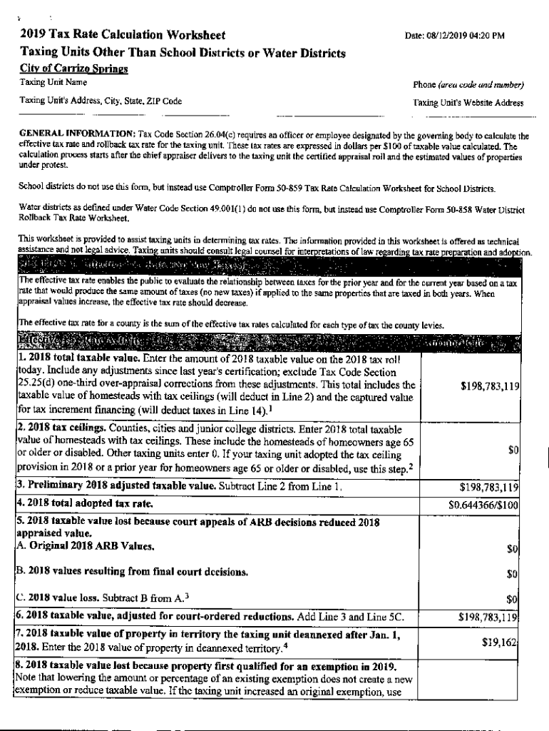 Fillable Online 2021 Tax Rate Calculation Worksheet - City of Port ...