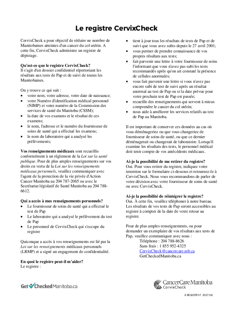 Fillable Online Le registre CervixCheck Fax Email Print - pdfFiller