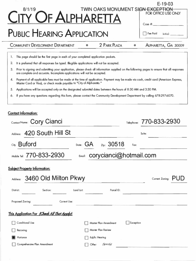 Fillable Online 8/1/19 TWIN OAKS MONUMENT SIGN EXCEPTION CITY OF ALPHARETTA Fax Email Print ...