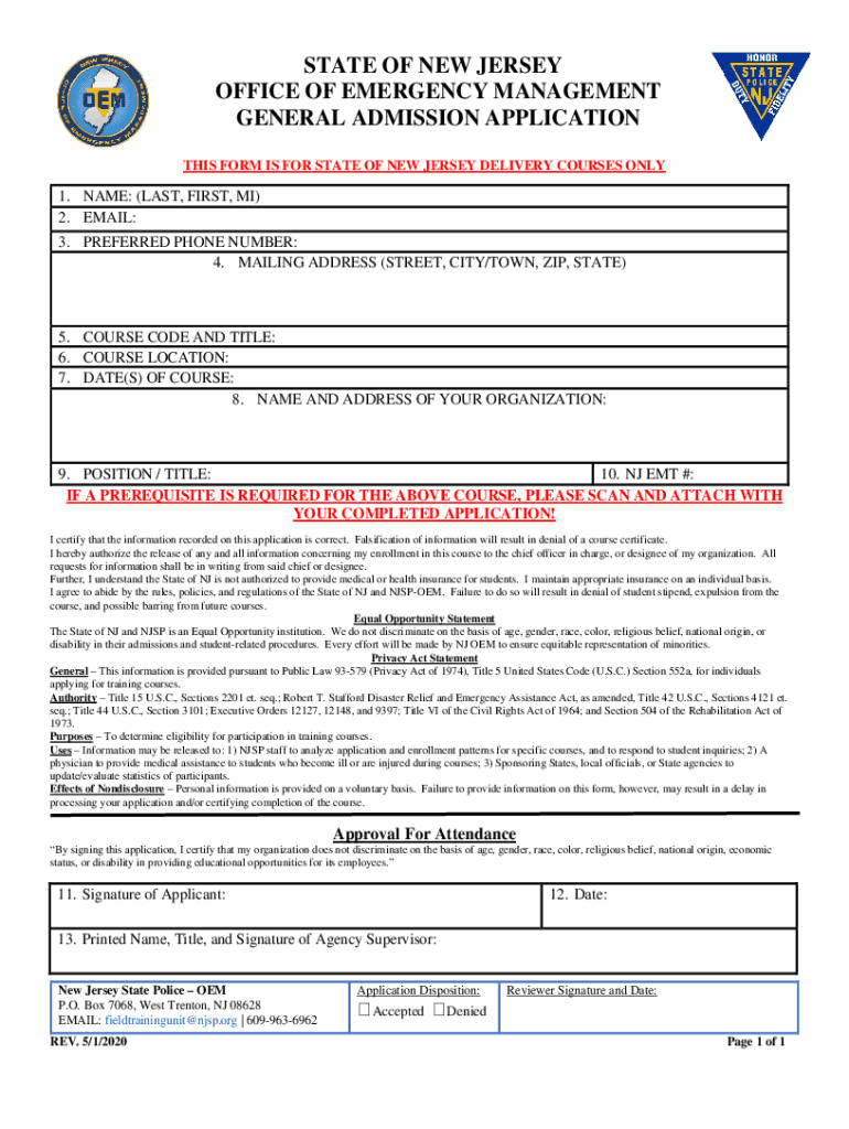 Fillable Online ready nj STATE OF NEW JERSEY OFFICE OF EMERGENCY ...