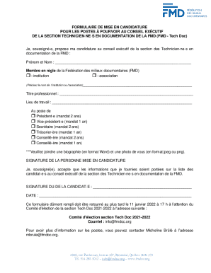 Fillable Online FORMULAIRE DE MISE EN CANDIDATURE POUR LES POSTES ...