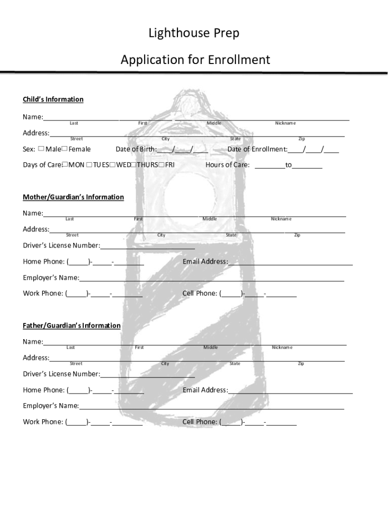 Fillable Online Fillable Online Lighthouse Prep Application for ...