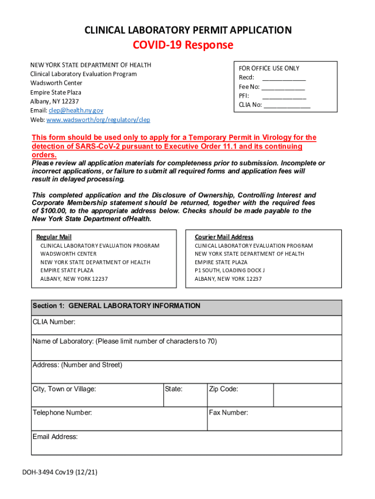 Fillable Online CLINICAL LABORATORY PERMIT APPLICATION COVID-19 Response Fax Email Print - pdfFiller