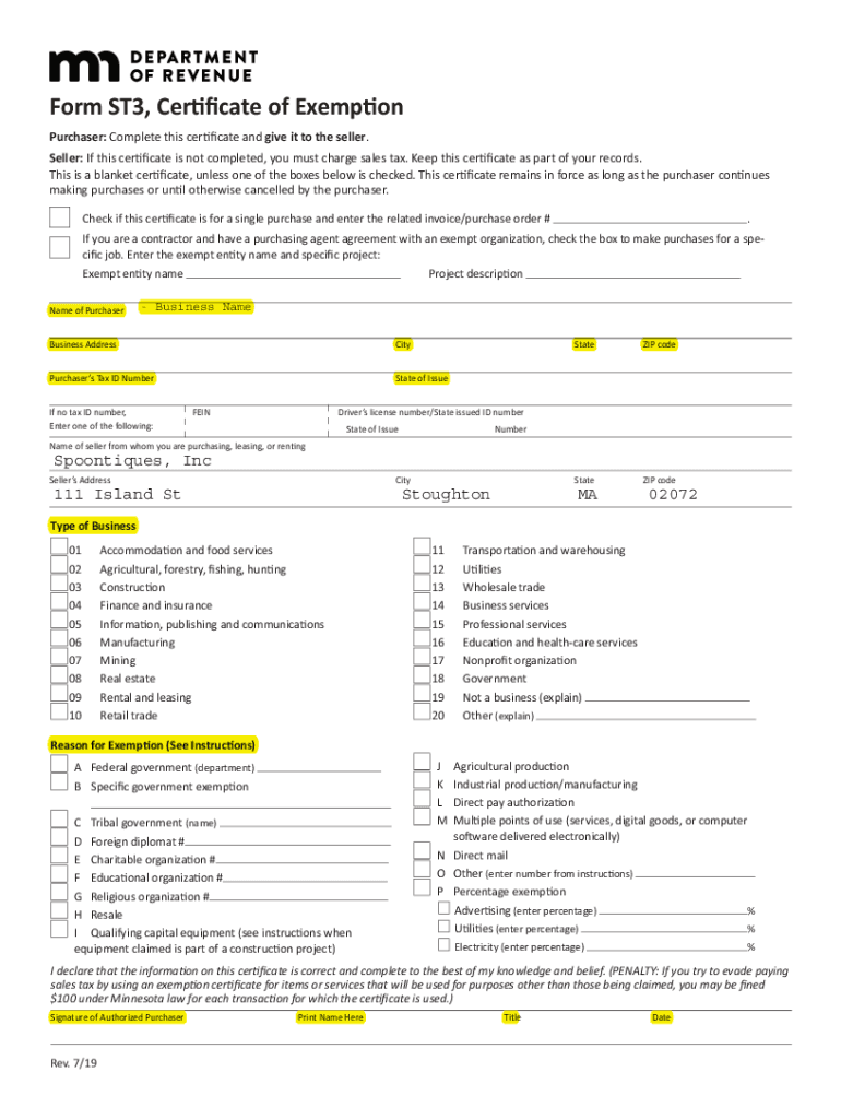 Fillable Online ST3, Certificate of Exemption - Spoontiques, Inc. Fax ...