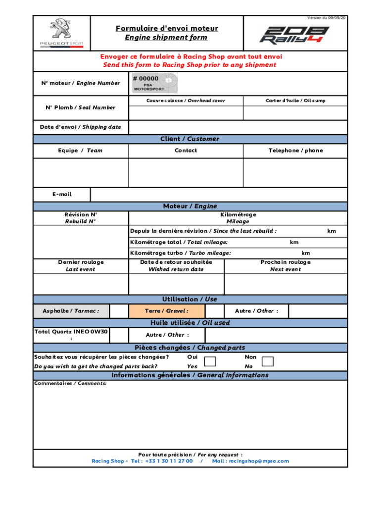 Fillable Online Formulaire d'envoi moteur Engine shipment form Fax ...
