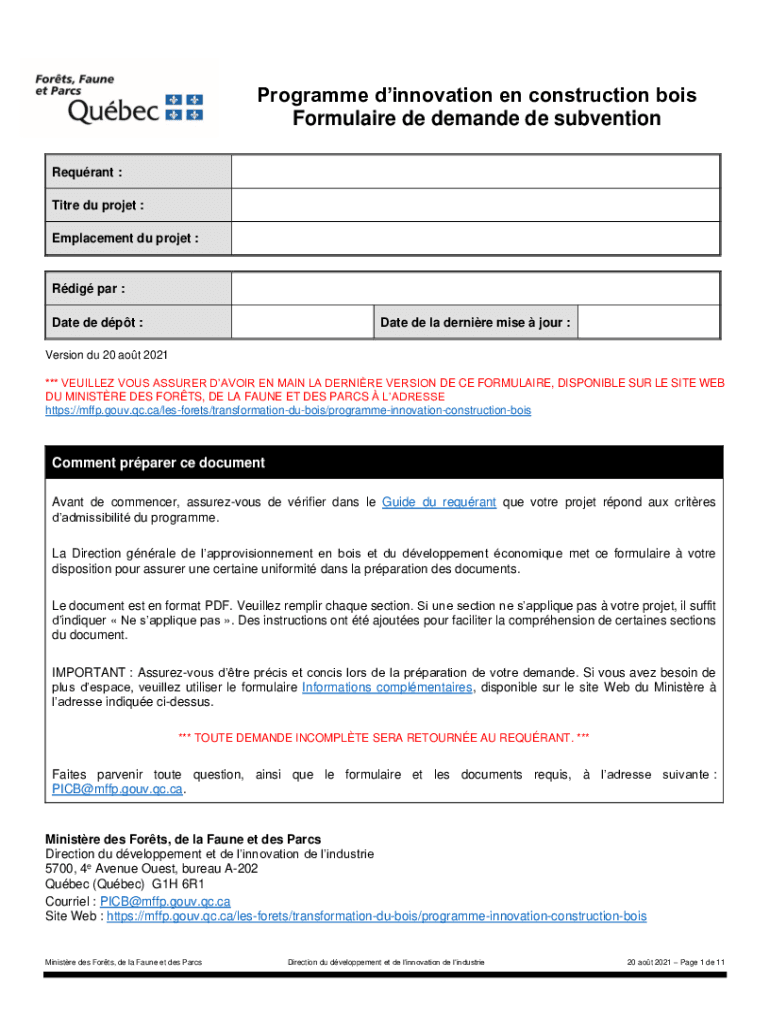 Fillable Online Formulaire de demande de subvention - Programme d'innovation en construction ...