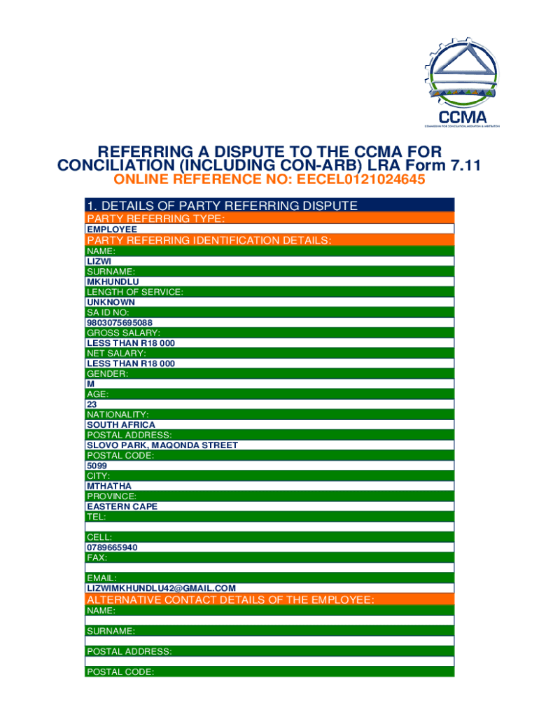 Fillable Online cmsonline.ccma.org.za EECEL0121024645LRA711REFERRING A ...