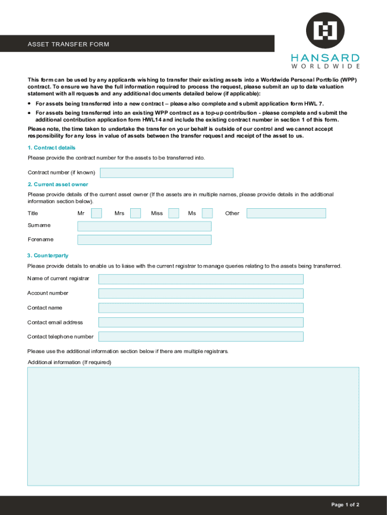 Fillable Online Asset Transfer Form. Asset Transfer Form. This form is ...