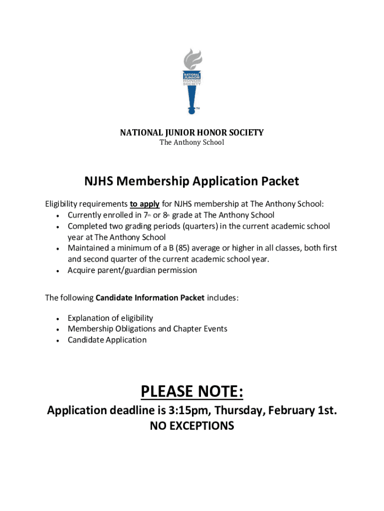 Fillable Online NJHS Membership Application Packet - anthonyschool.org ...