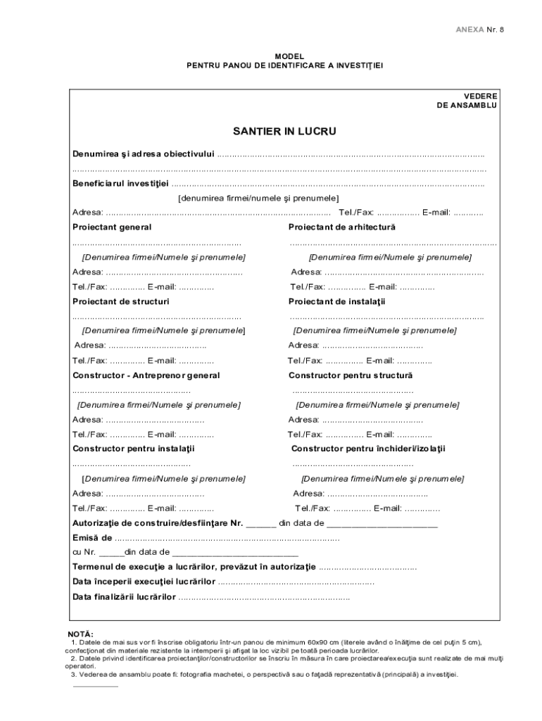 Fillable Online Anexa 8MODEL PENTRU PANOU DE IDENTIFICARE A INVESTIIE ...