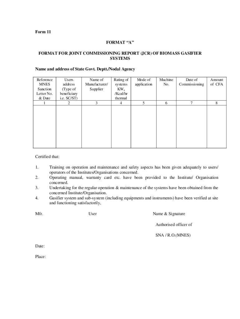 Fillable Online Form 11 FORMAT A FORMAT FOR JOINT COMMISSIONING REPORT ...