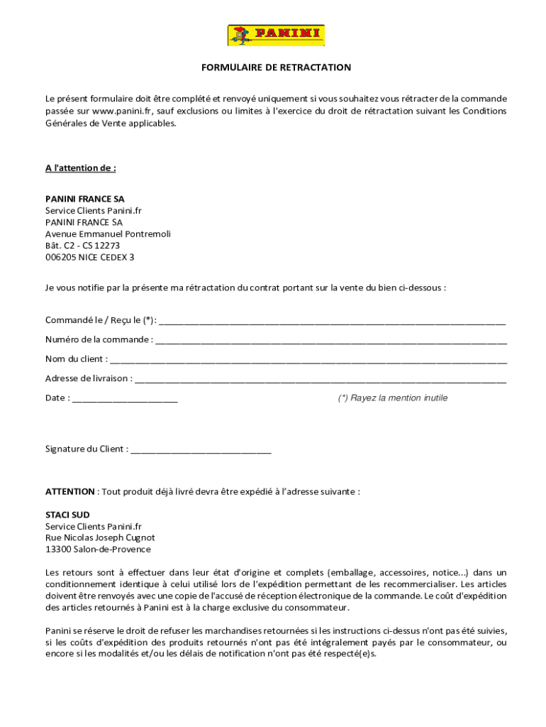Fillable Online FORMULAIRE DE RETRACTATION - Panini Fax Email Print ...