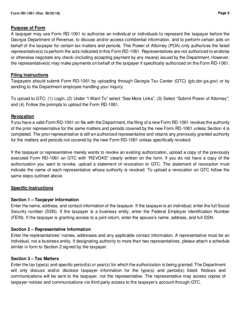 Fillable Online Georgia Form RD-1061 (Power of Attorney and Declaration ...
