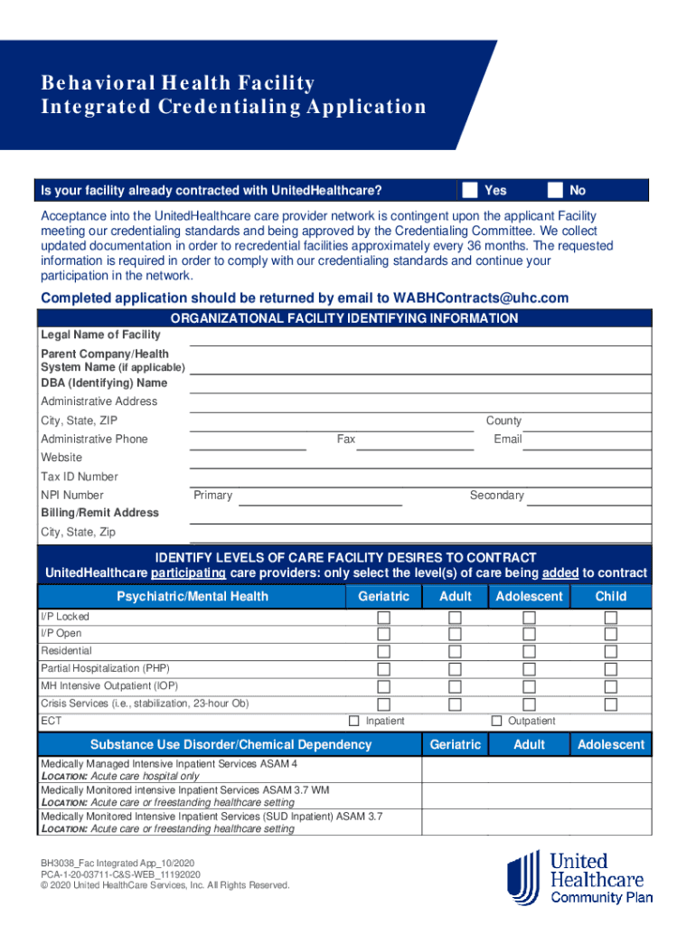 Fillable Online Behavioral Health Facility Credentialing Application ...