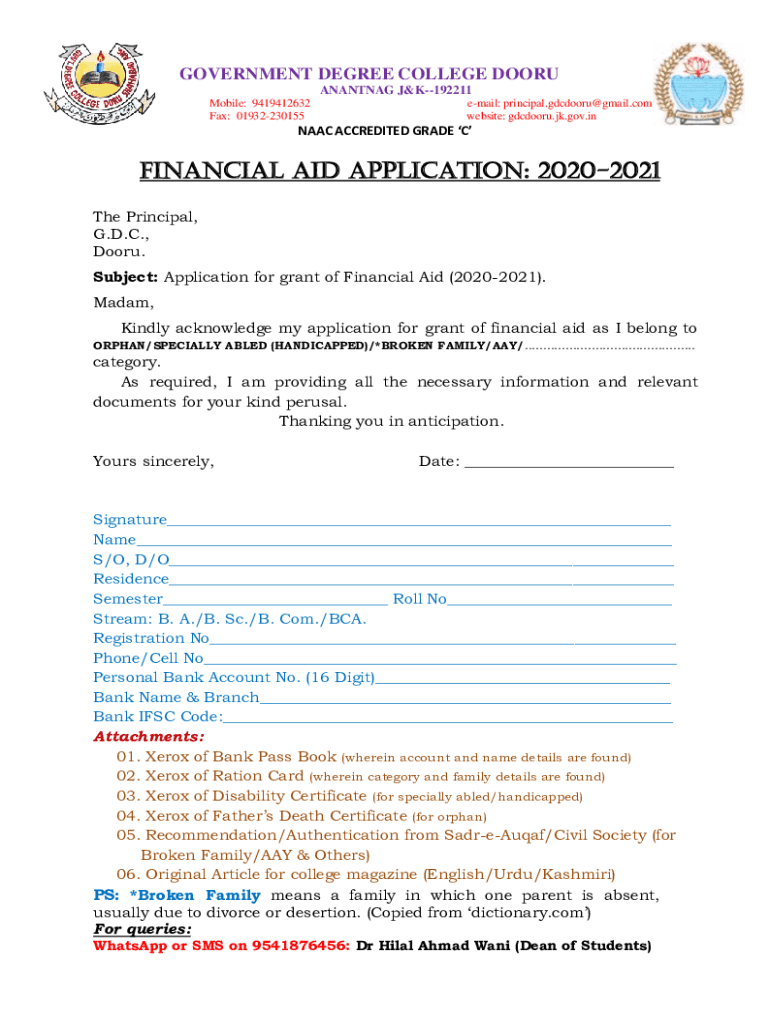 Fillable Online FINANCIAL AID APPLICATION: 2020-2021 - Govt Degree ...