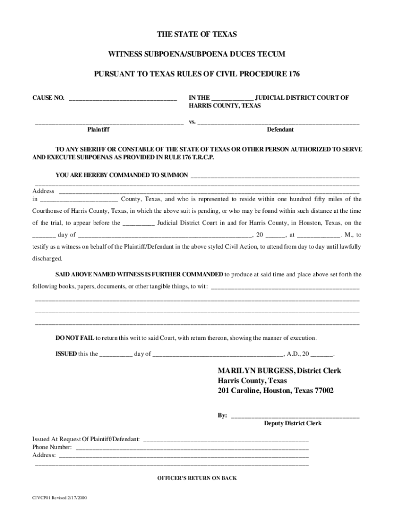 Fillable Online THE STATE OF TEXAS WITNESS SUBPOENA/SUBPOENA DUCES ...