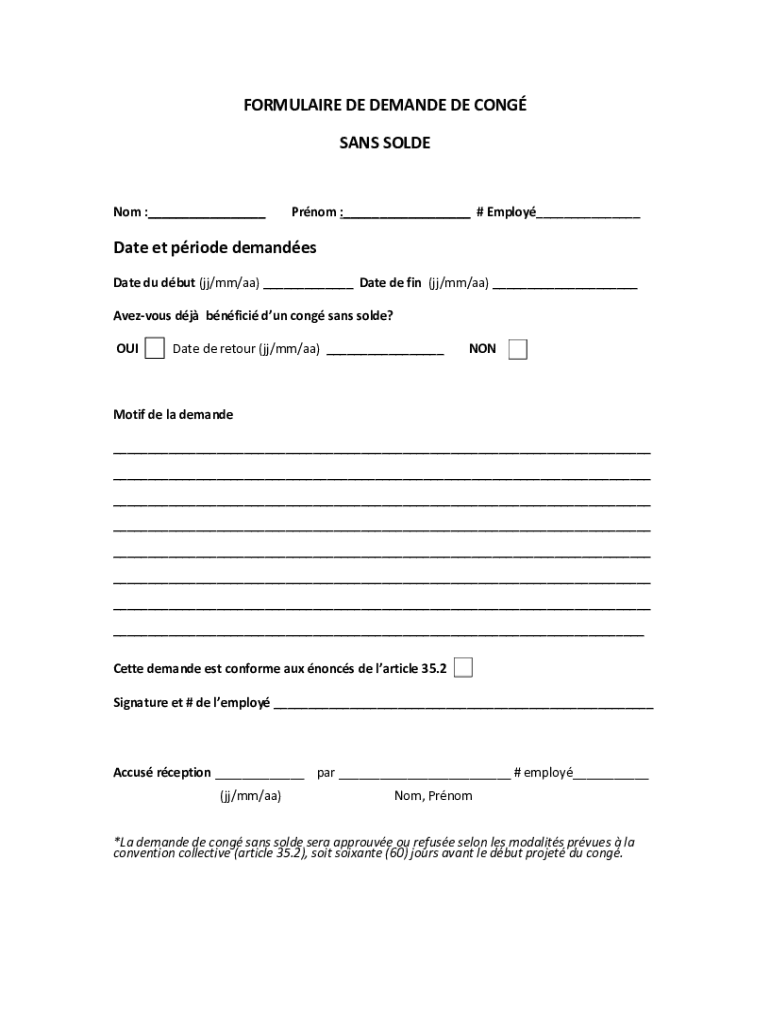 Fillable Online FORMULAIRE DE DEMANDE DE CONG SANS SOLDE Date et Fax Email Print - pdfFiller