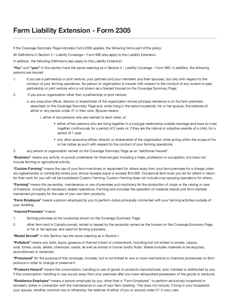 Fillable Online Farm Liability Extension - Form 2305 - Cornerstone ...