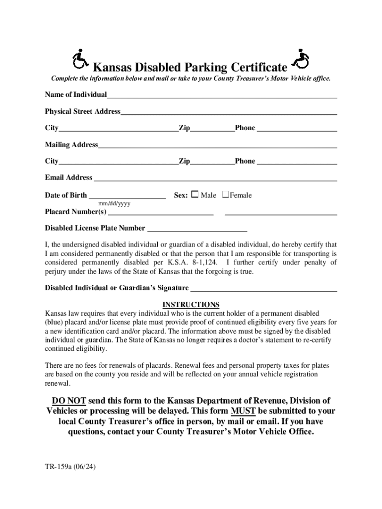Kansas Disabled Parking Certificate - TR-159a: Fill out & sign online ...