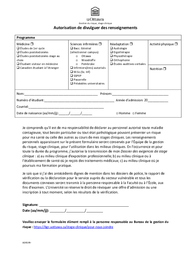 Fillable Online orm uottawa Gestion stage Autorisation de divulguer des renseignements Fax Email ...