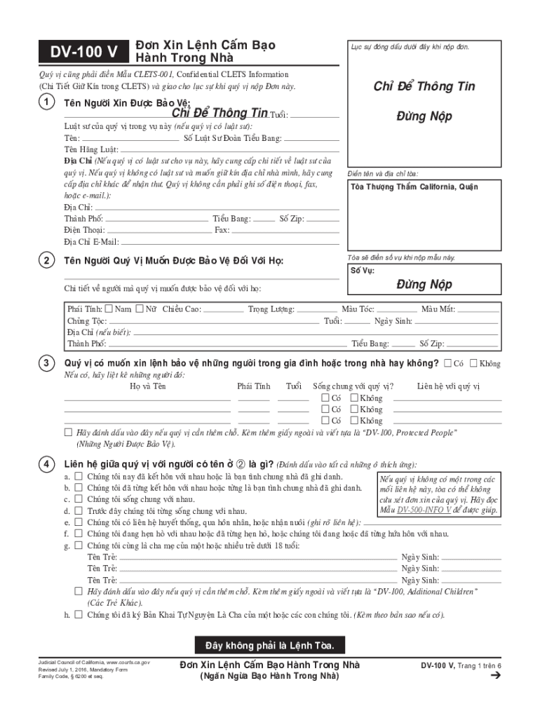 Fillable Online DV-110 V Request for Domestic Violence Restraining ...