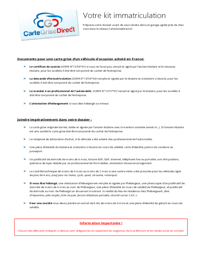 Fillable Online Votre kit immatriculation - CarteGriseDirect.fr Fax Email Print - pdfFiller