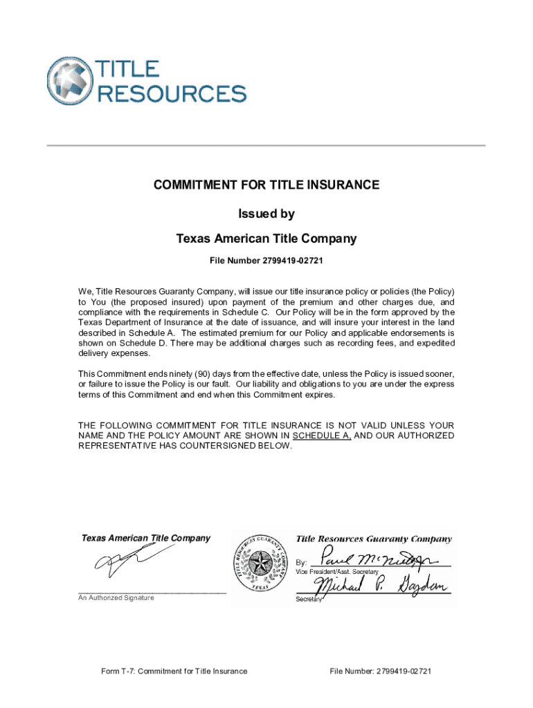 Fillable Online COMMITMENT FOR TITLE INSURANCE ISSUED BY TITLE ...