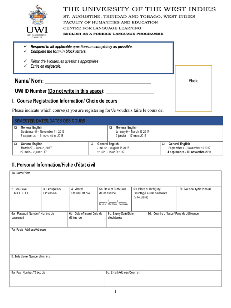 Fillable Online sta uwi Name/ Nom: UWI ID Number (Do not write in this ...