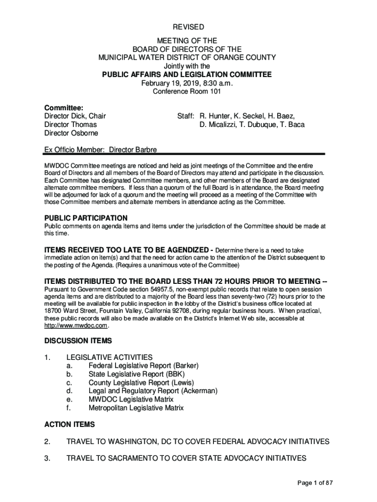 Fillable Online BOARD OF DIRECTORS OF THE MUNICIPAL WATER DISTRICT ...