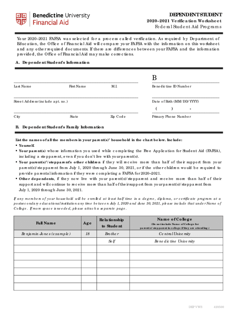 Fillable Online 2020-2021 Verification Worksheet Dependent Student Your ... Fax Email Print ...