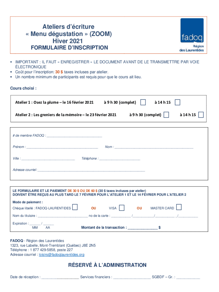 Fillable Online Ateliers dcritureMenu dgustation(ZOOM) Printemps ... Fax Email Print - pdfFiller