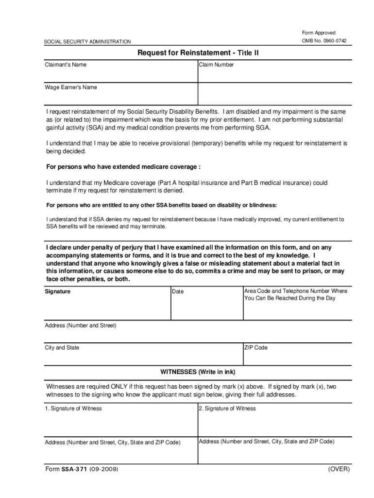 Fillable Online Form SSA 371 Request for Reinstatement Title II Fax ...