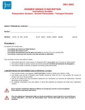 Fillable Online DOSSIER DINSCRIPTION UNIQUE RESTAURATION SCOLAIRE ...