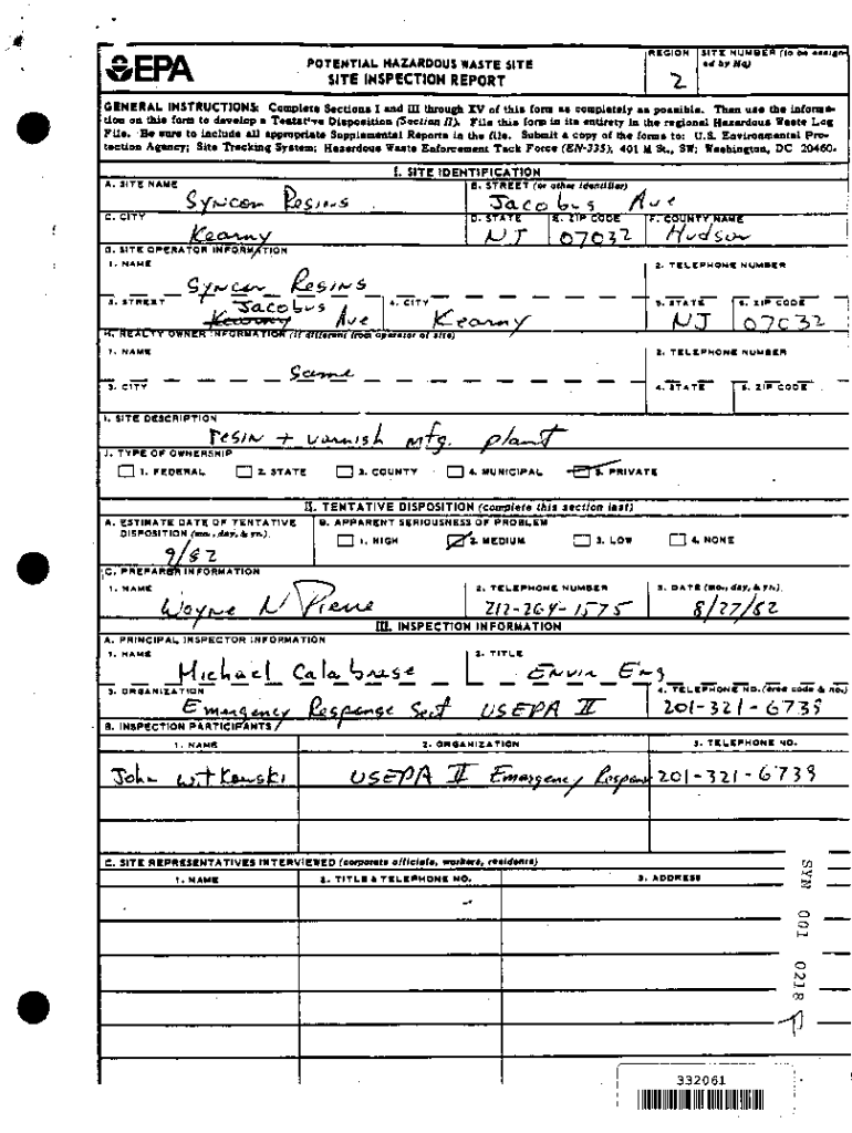 Fillable Online Potential Hazardous Waste Site - Site Inspection Report - Syncon Resins. Region ...