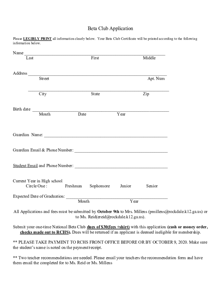 Fillable Online Beta Club Application - Rockdale County High School Fax ...
