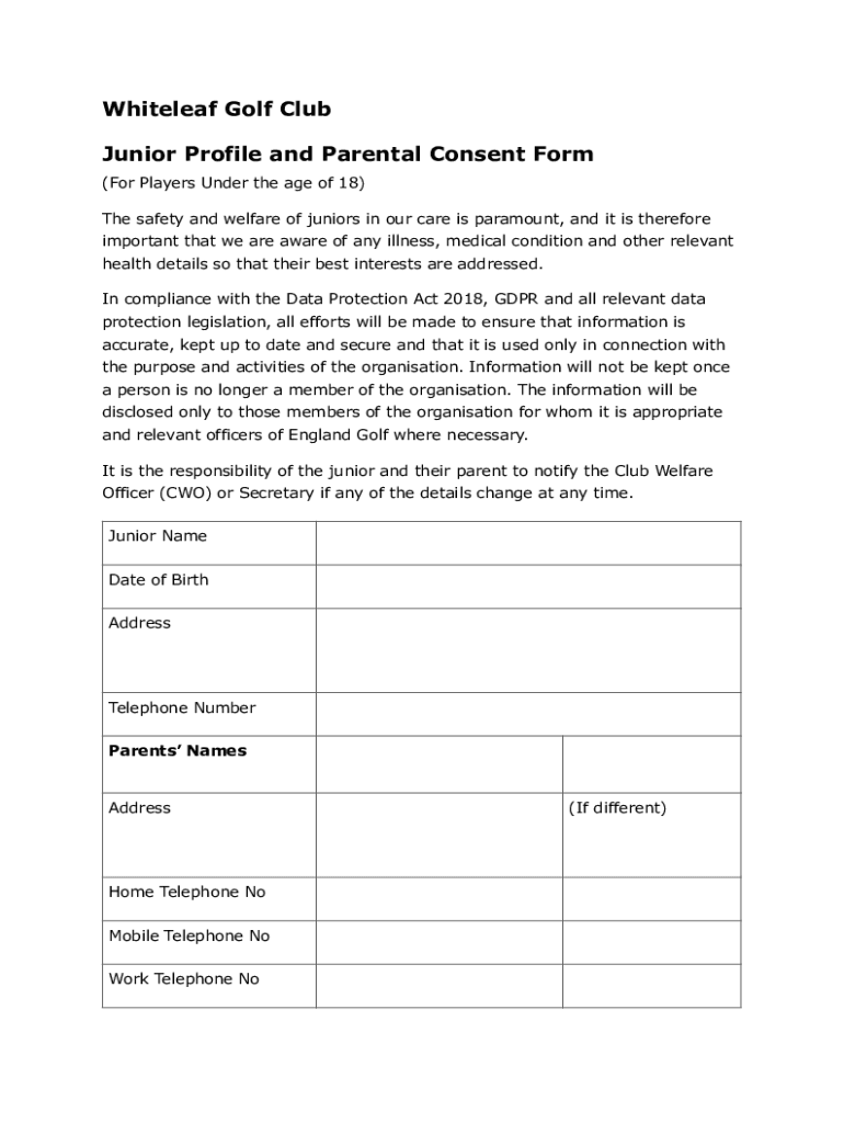 Fillable Online Junior Profile and Parental Consent Form - Eaton Golf Club Fax Email Print ...