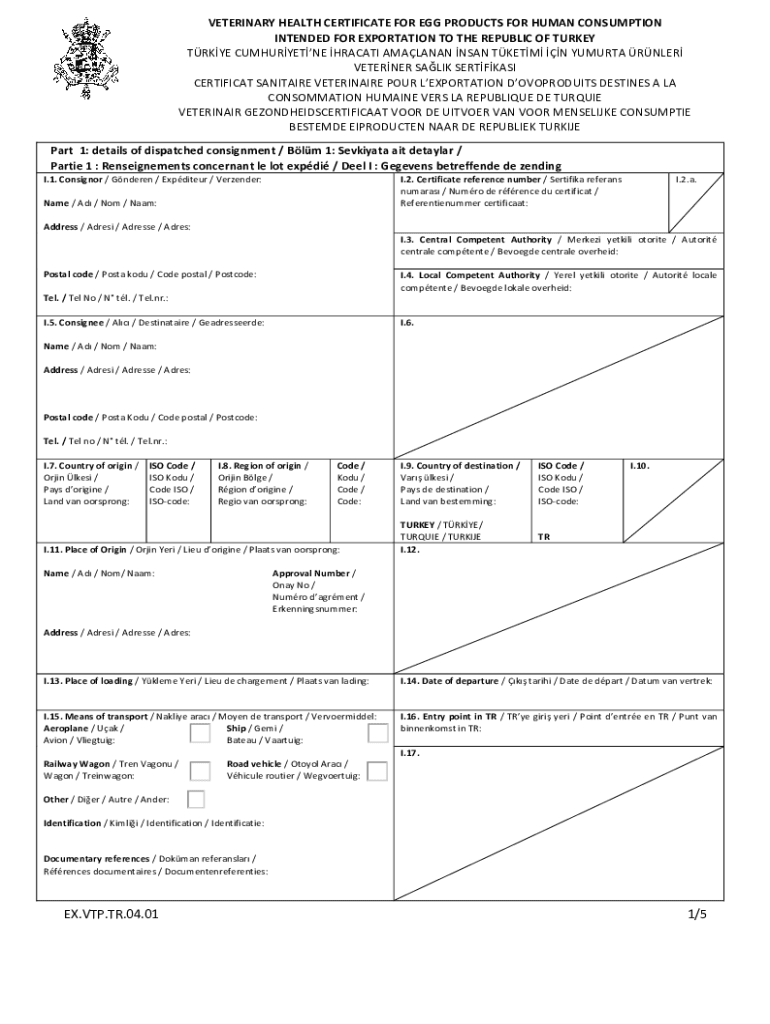 Fillable Online VETERINARY HEALTH CERTIFICATE FOR EXPORTATION OF ANIMAL ...
