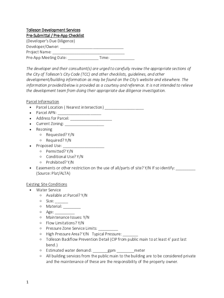 Fillable Online Tolleson Development Services Pre-Submittal / Pre-App Checklist ... Fax Email ...