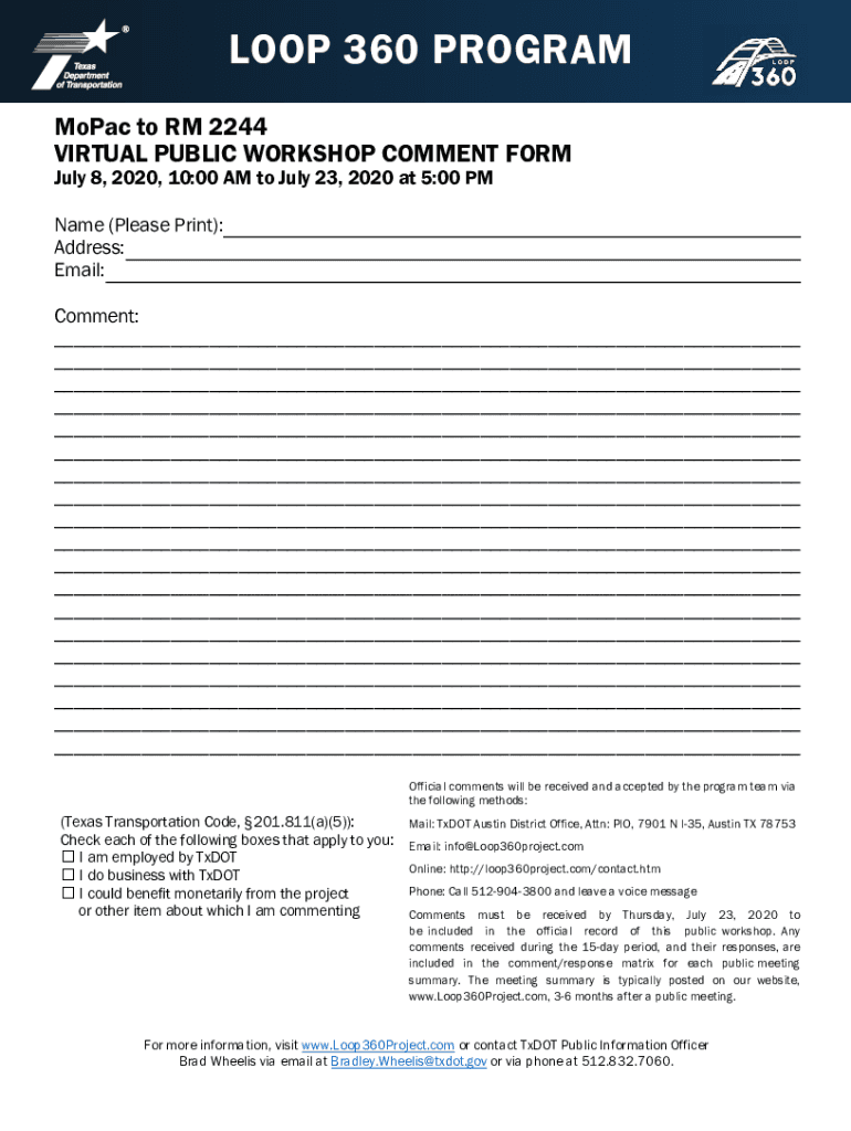 Fillable Online ftp txdot Comment Form. Loop 360 from MoPac to RM 2244 Fax Email Print - pdfFiller