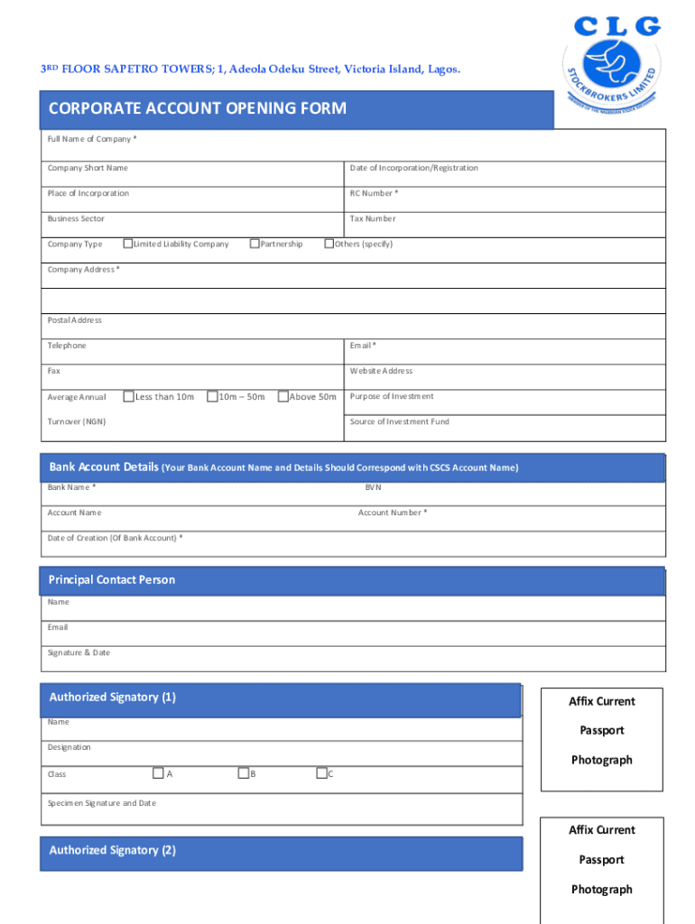 Fillable Online CORPORATE ACCOUNT OPENING FORM - CLG Stockbrokers Fax Email Print - pdfFiller
