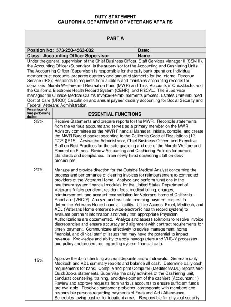 Fillable Online Fillable Online DUTY STATEMENT CALIFORNIA DEPARTMENT OF ...