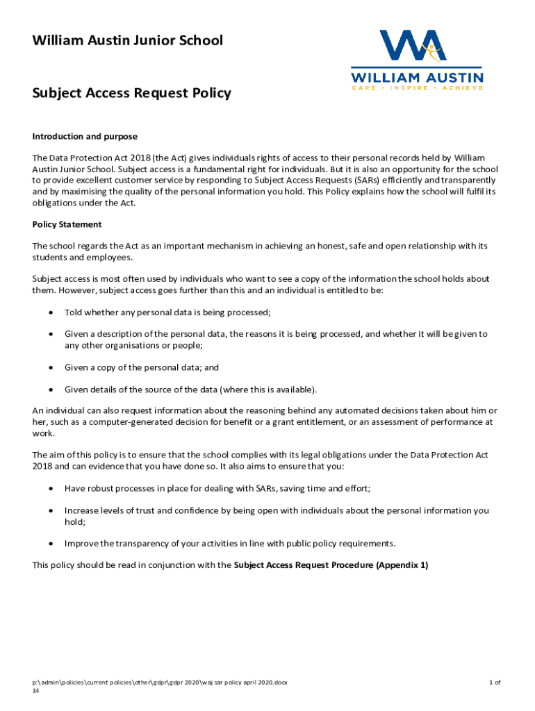 Fillable Online William Austin Junior School Subject Access Request Policy Fax Email Print ...
