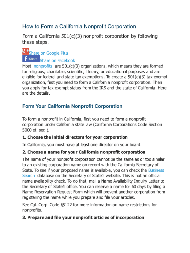 Fillable Online Resource-How to Form a California Nonprofit Corporation ...