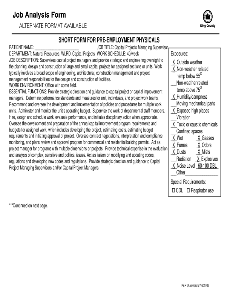 Fillable Online kingcounty.govmediaSHORT FORM FOR PRE-EMPLOYMENT PHYSICALS Fax Email Print ...