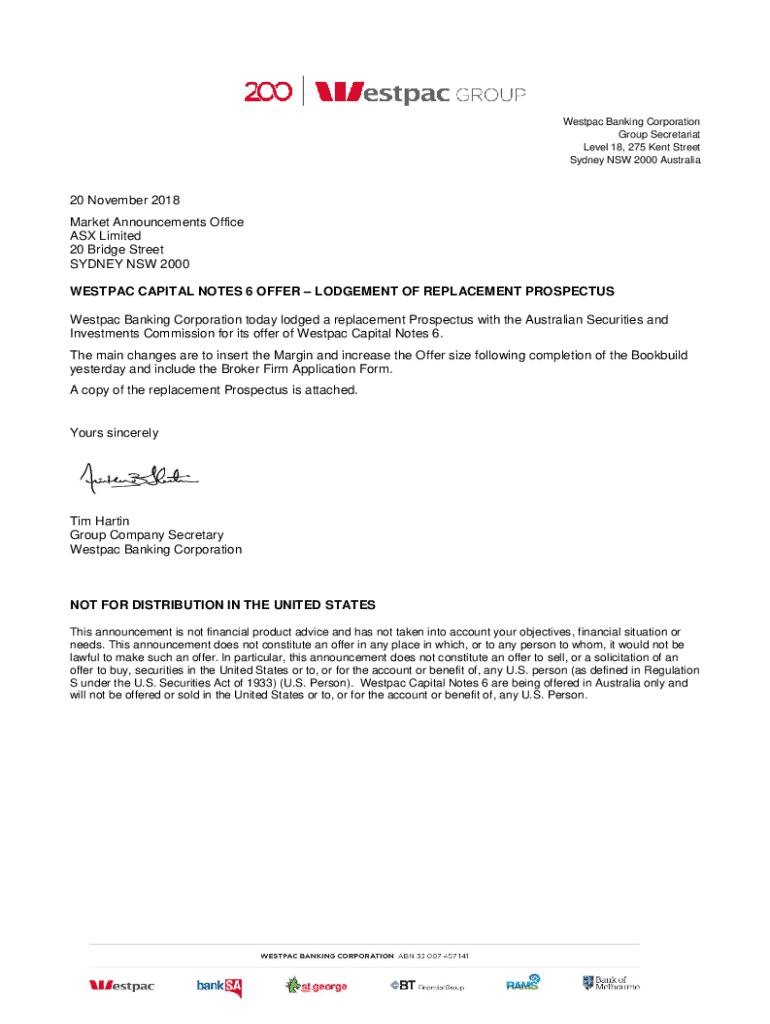 Fillable Online LETTER AND TRANSFER NOTICE TO ELIGIBLE WESTPAC CAPITAL ...