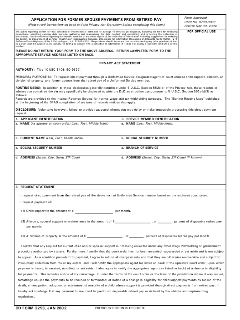 Fillable Online APPLICATION FOR FORMER SPOUSE PAYMENTS FROM RETIRED PAY ...