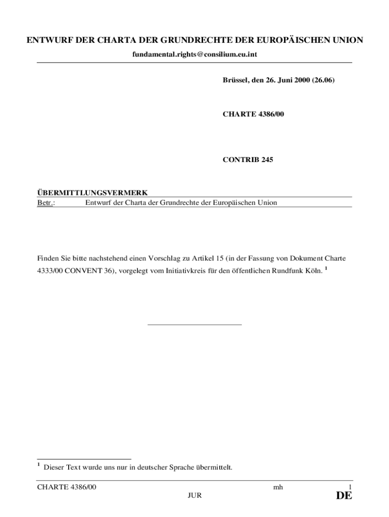 Fillable Online DRAFT ENTWURF CHARTER OF FUNDAMENTAL RIGHTS CHARTA DER ...