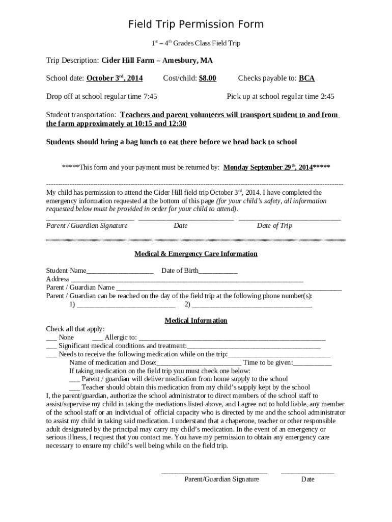 Field Trip Permission Doc Template | pdfFiller