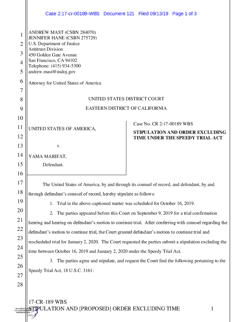 Fillable Online 17-CR-189 WBS STIPULATION AND PROPOSED ORDER ... Fax ...