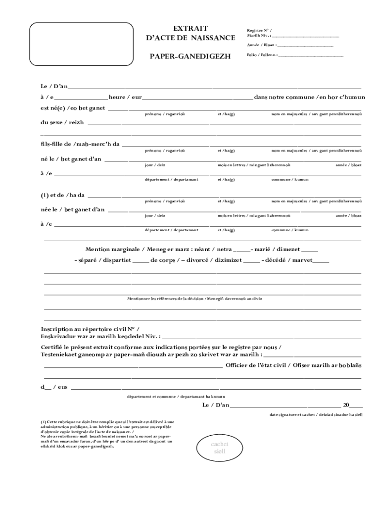 Fillable Online EXTRAIT D'ACTE DE NAISSANCE PAPER-GANEDIGEZH Fax Email ...